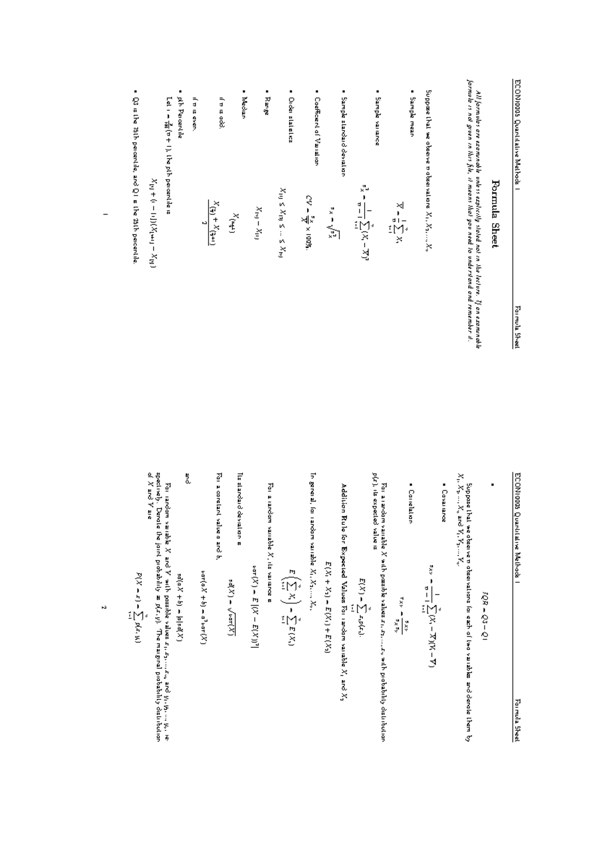 Formula Sheet for ECON10005: Quantitative Methods 1 Exam Prep - Studocu
