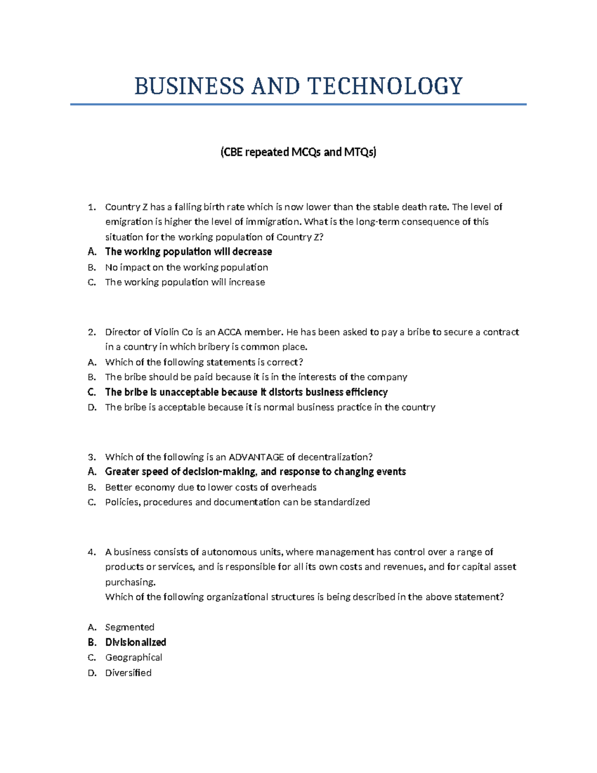 FBT Practice Questions (CBE MCQs and MTQs) - Studocu