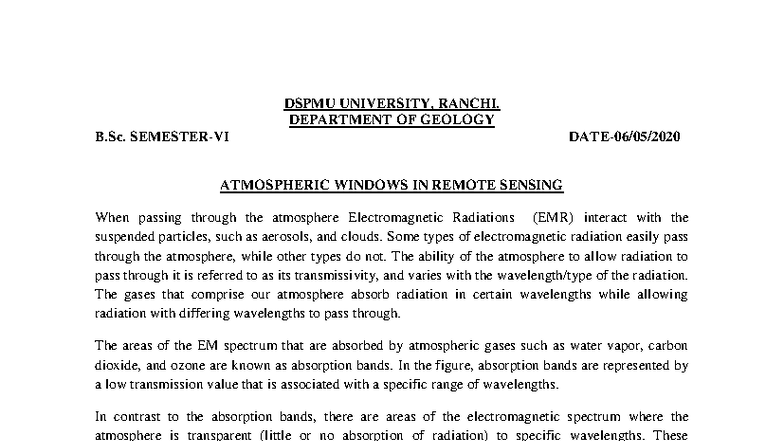B.Sc. Geology: Atmospheric Windows in Remote Sensing - Studocu