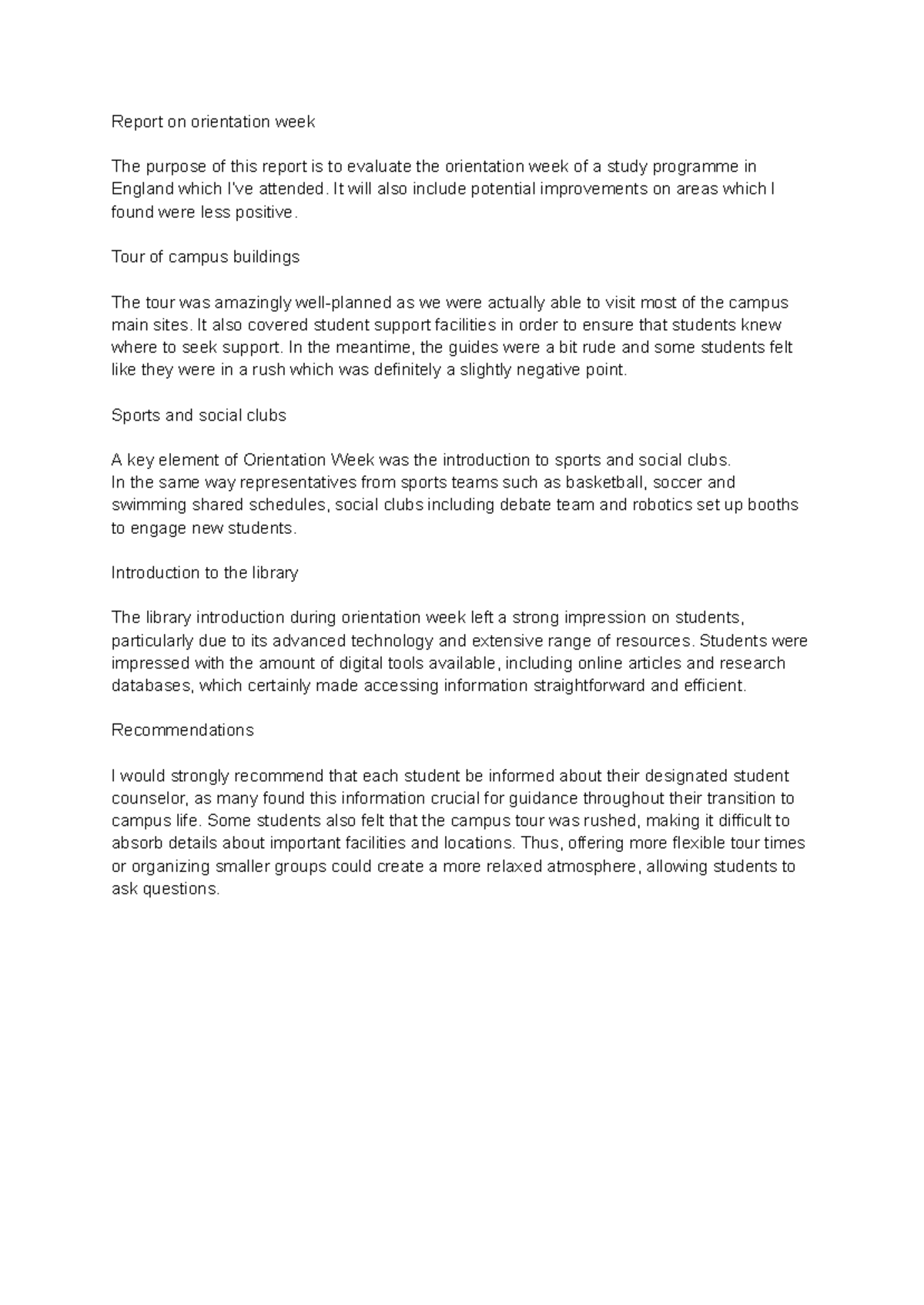Evaluation Report on Orientation Week for Study Programme - Studocu