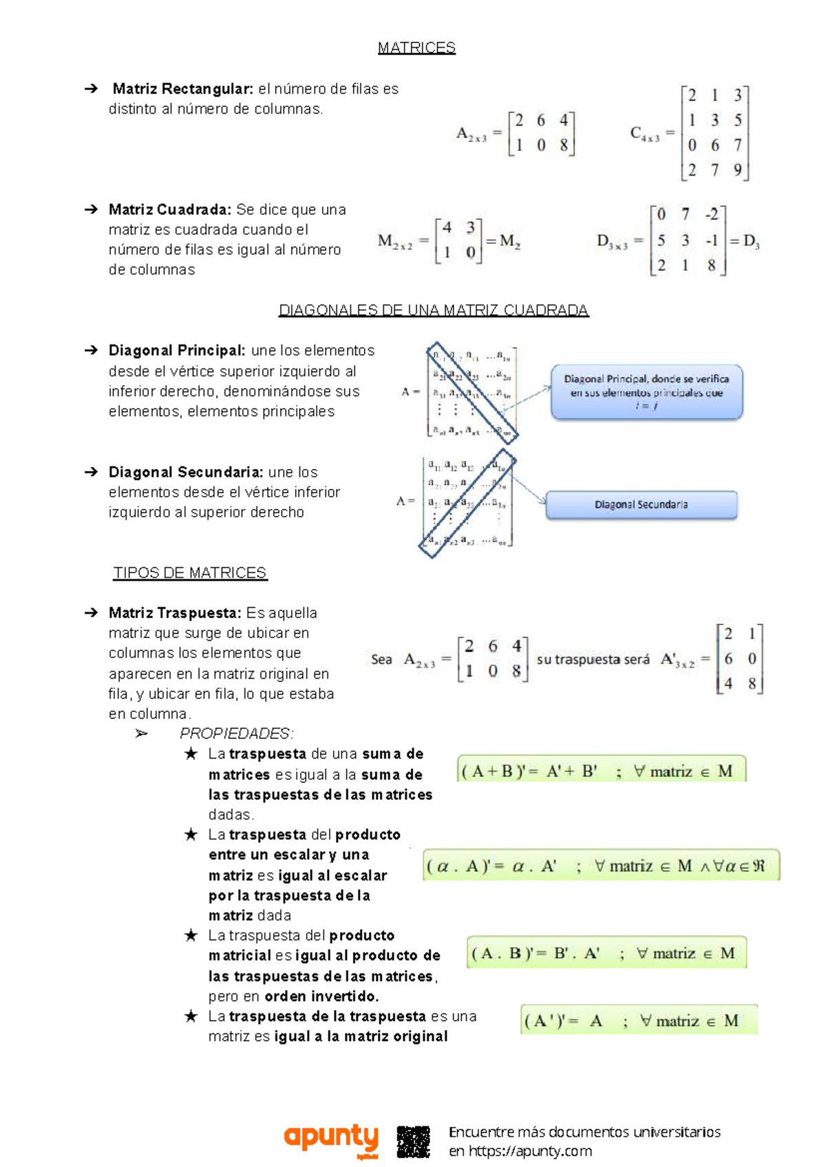 Resumen de Matrices: Tipos, Propiedades y Operaciones - MAT101 - Studocu