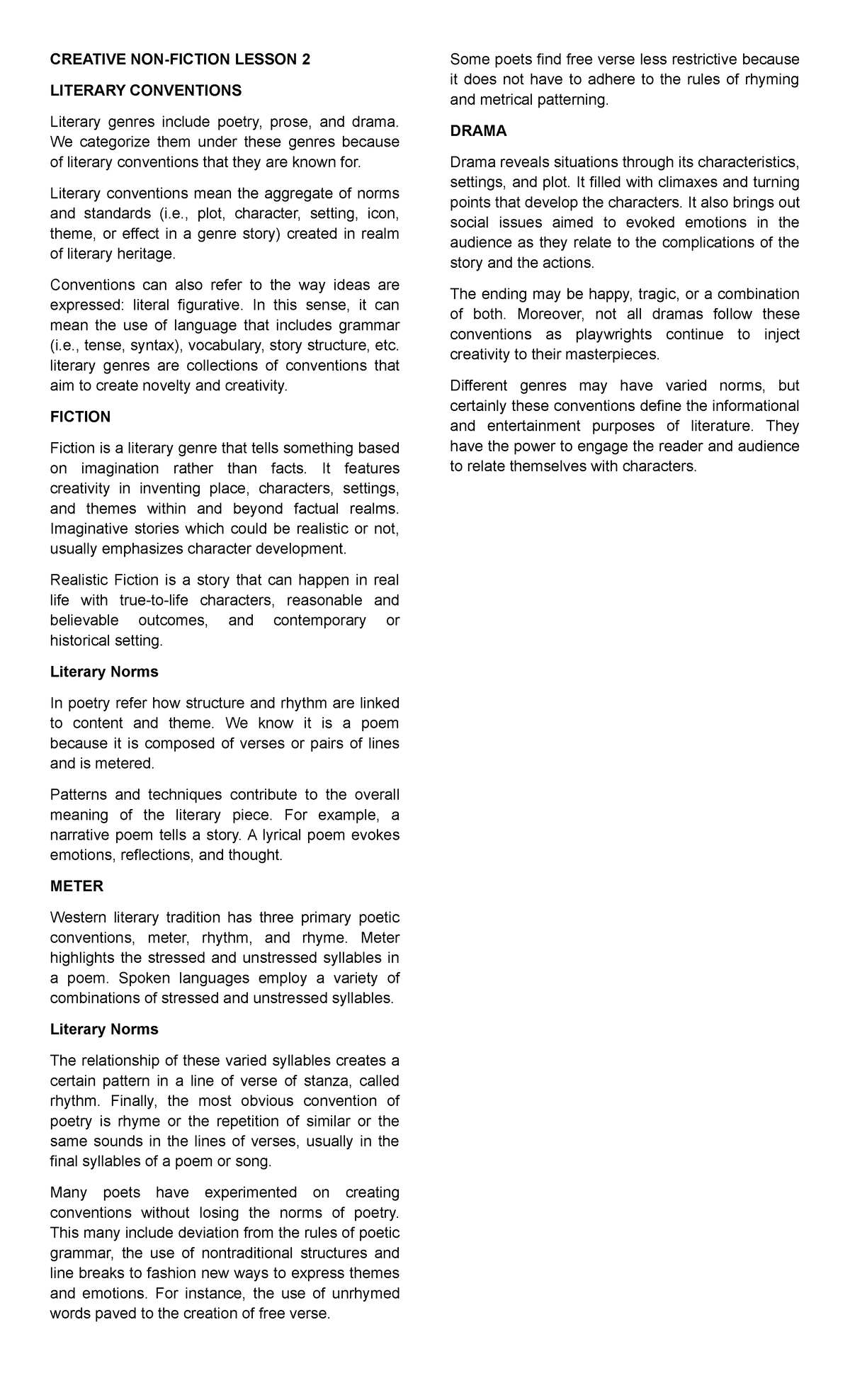 Creative Non-Fiction Lesson 2: Understanding Literary Conventions - Studocu