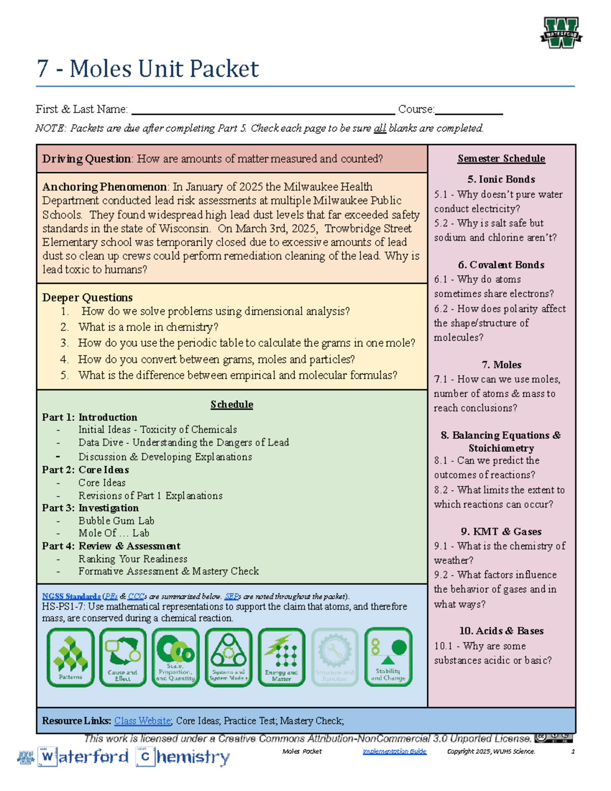 Moles Unit Packet Implementation Guide (Course: Chemistry 7.1) - 7 ...
