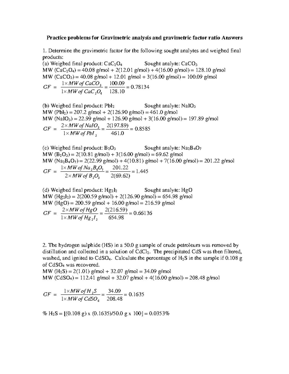 Gravimetric Analysis Practice Questions and Answers for CHEM 21 - Studocu
