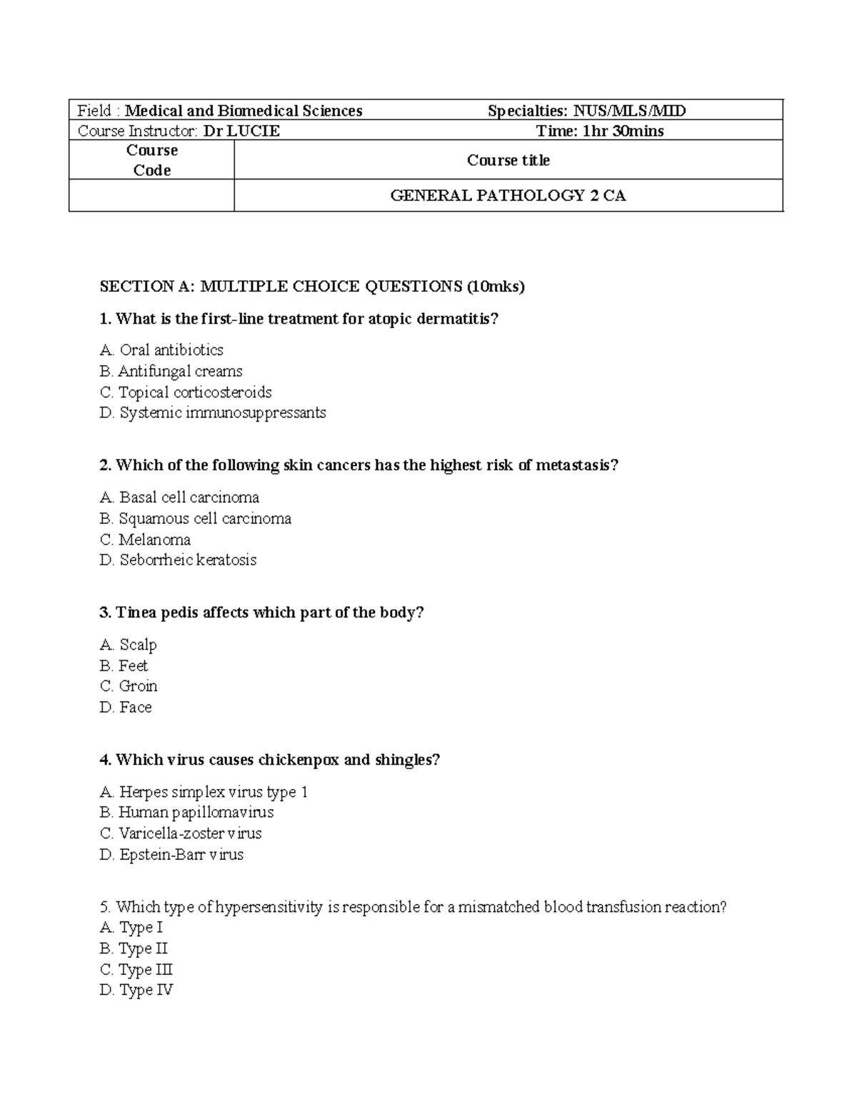 General Pathology 2 CA: MCQs & Case Studies for Review - Studocu