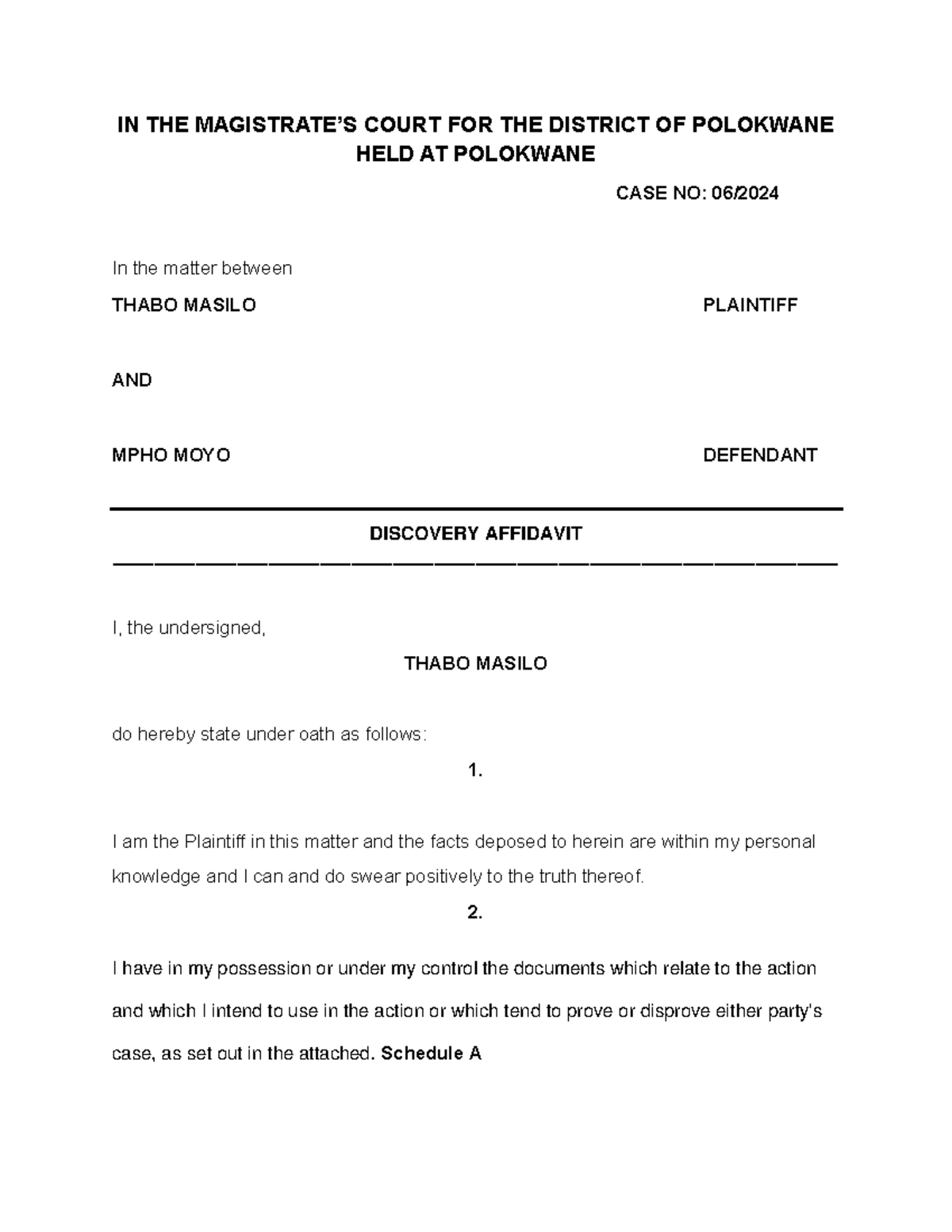 Discovery Affidavit for Case No: 06 - Thabo Masilo v. Mpho Moyo - Studocu