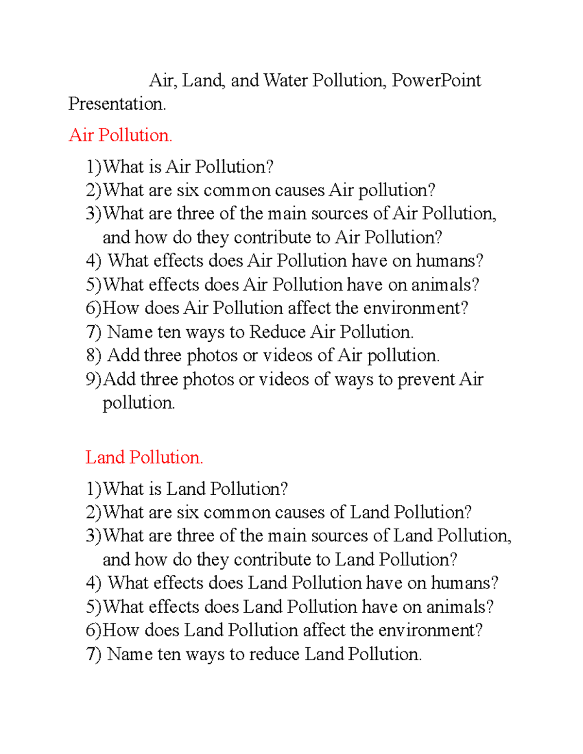 Directions for Pollution , Power Point. RM 150 - Air, Land, and Water ...