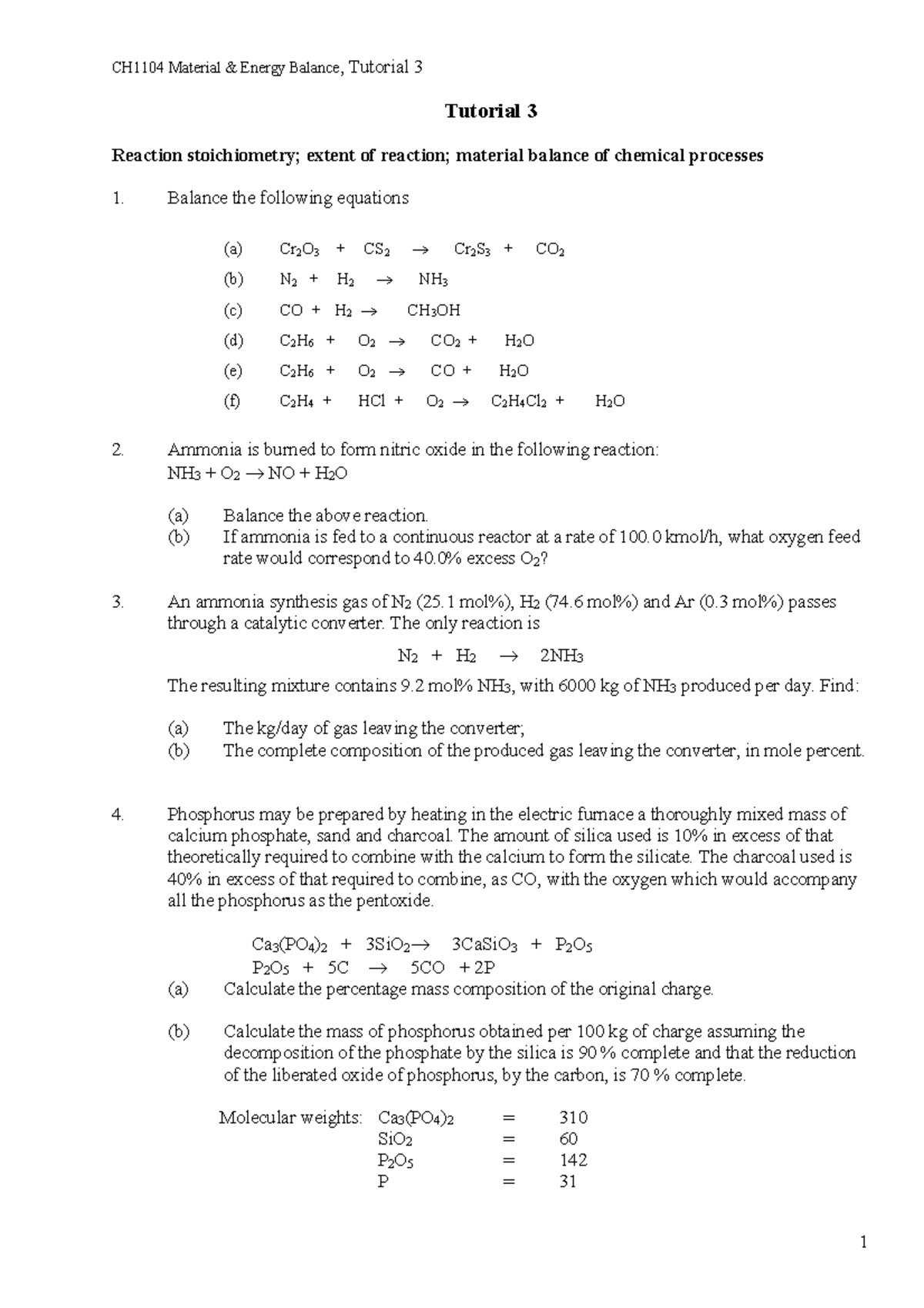 CH1104 MB Tut 3 Q&A 2023 - CH1 104 Material & Energy Balance, Tutorial ...