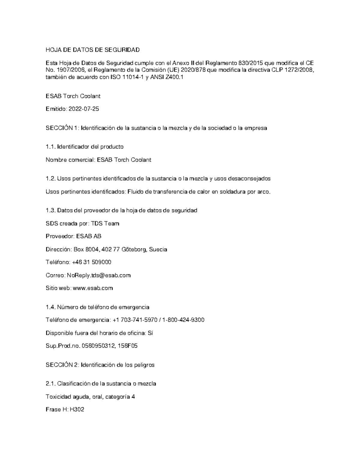 Hoja de Datos de Seguridad: ESAB Torch Coolant (SDS) - Studocu