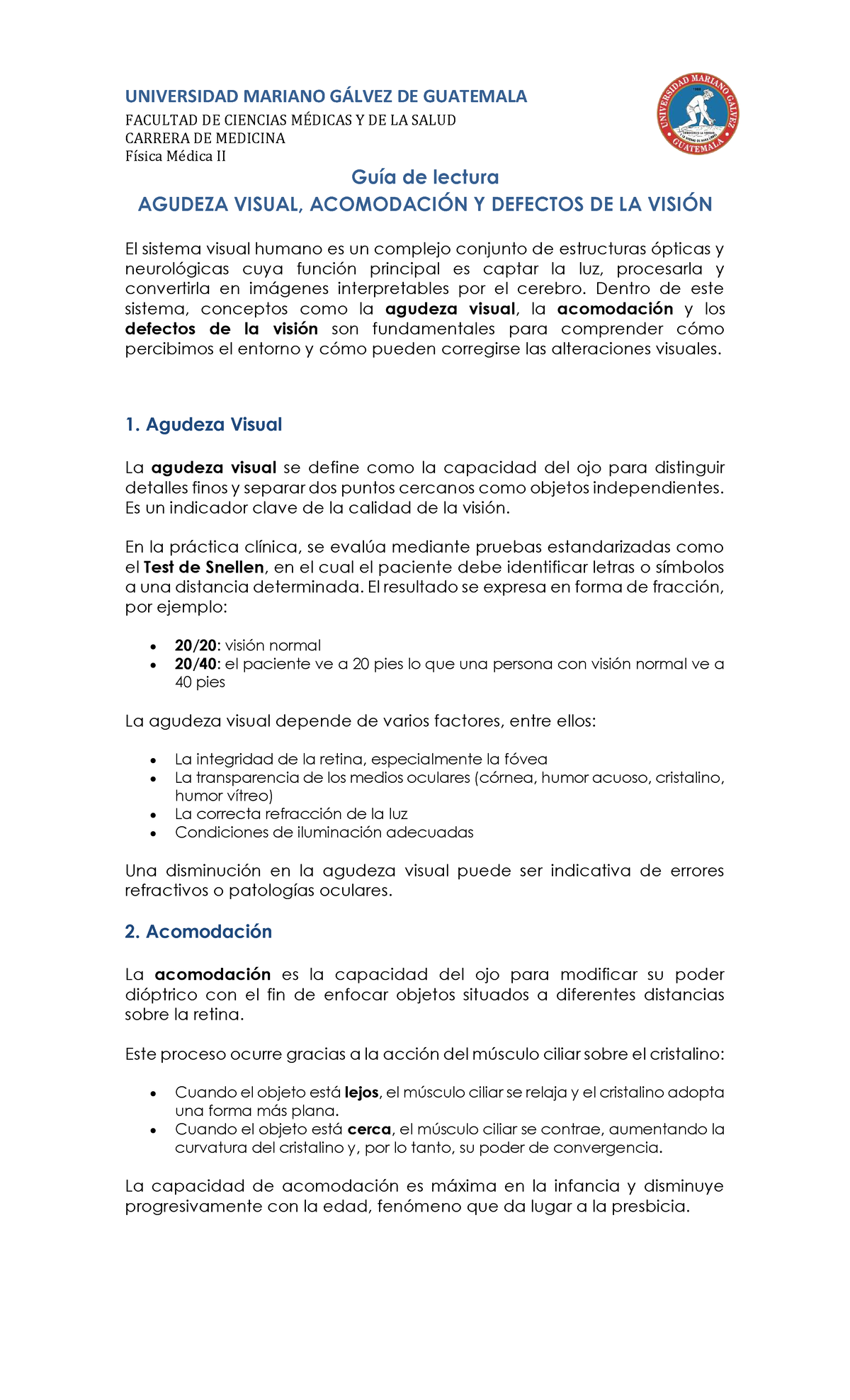 Física Médica II: Guía de Lectura sobre Agudeza Visual y Acomodación ...