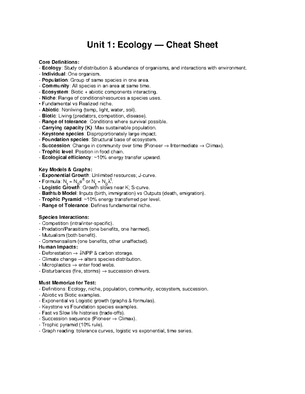 Unit 1: Ecology Cheat Sheet - Key Definitions & Concepts - Studocu