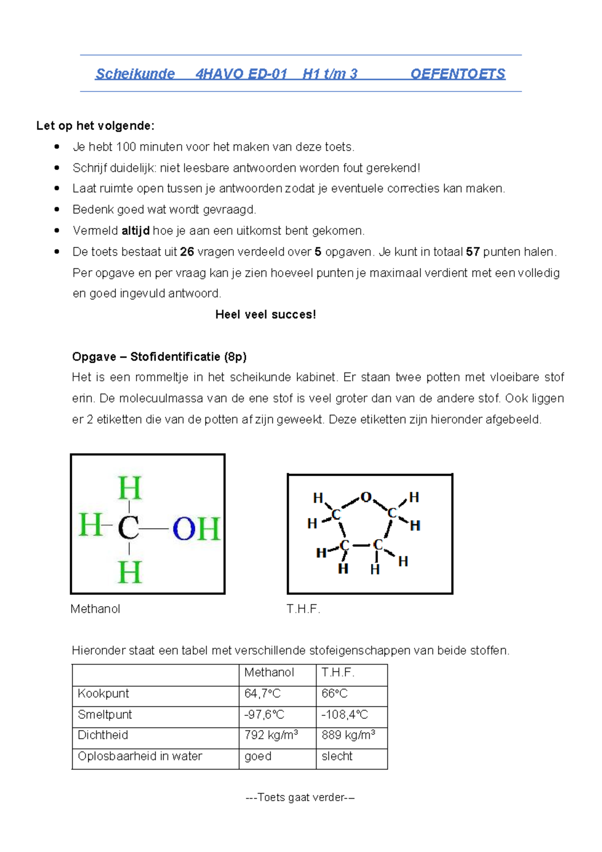 Oefentoets Scheikunde 4HAVO SE01 H4: Stofidentificatie & Reacties - Studeersnel
