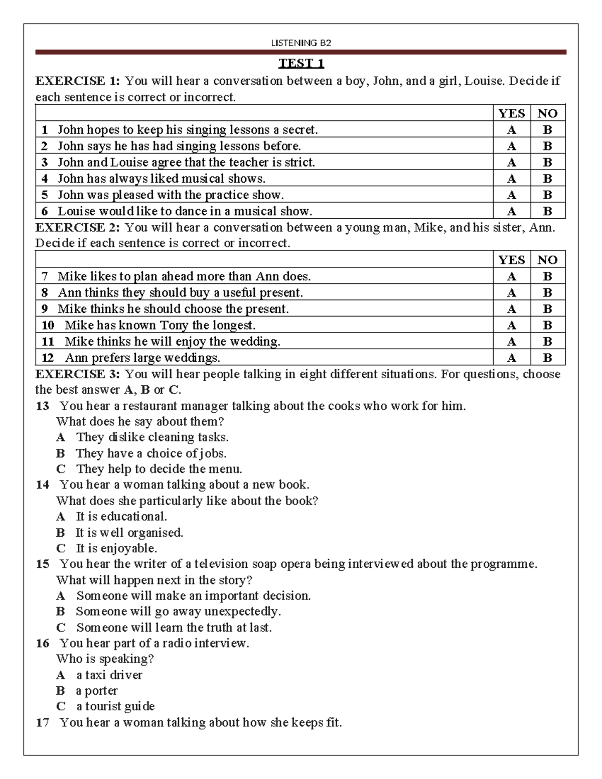 Listening B2 Test Exercises and Answers - Studocu