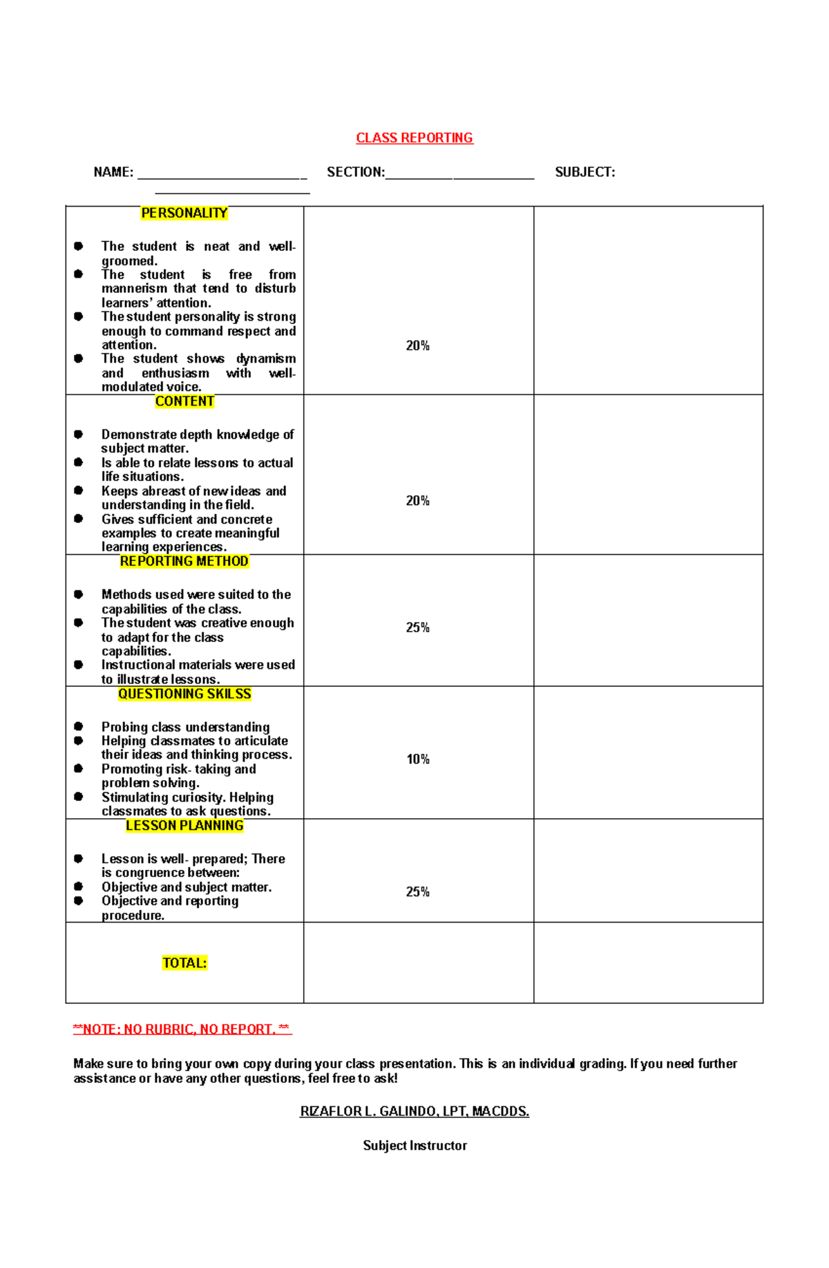 Rubric for Class Reporting Assessment (ALL Reporting) - Studocu
