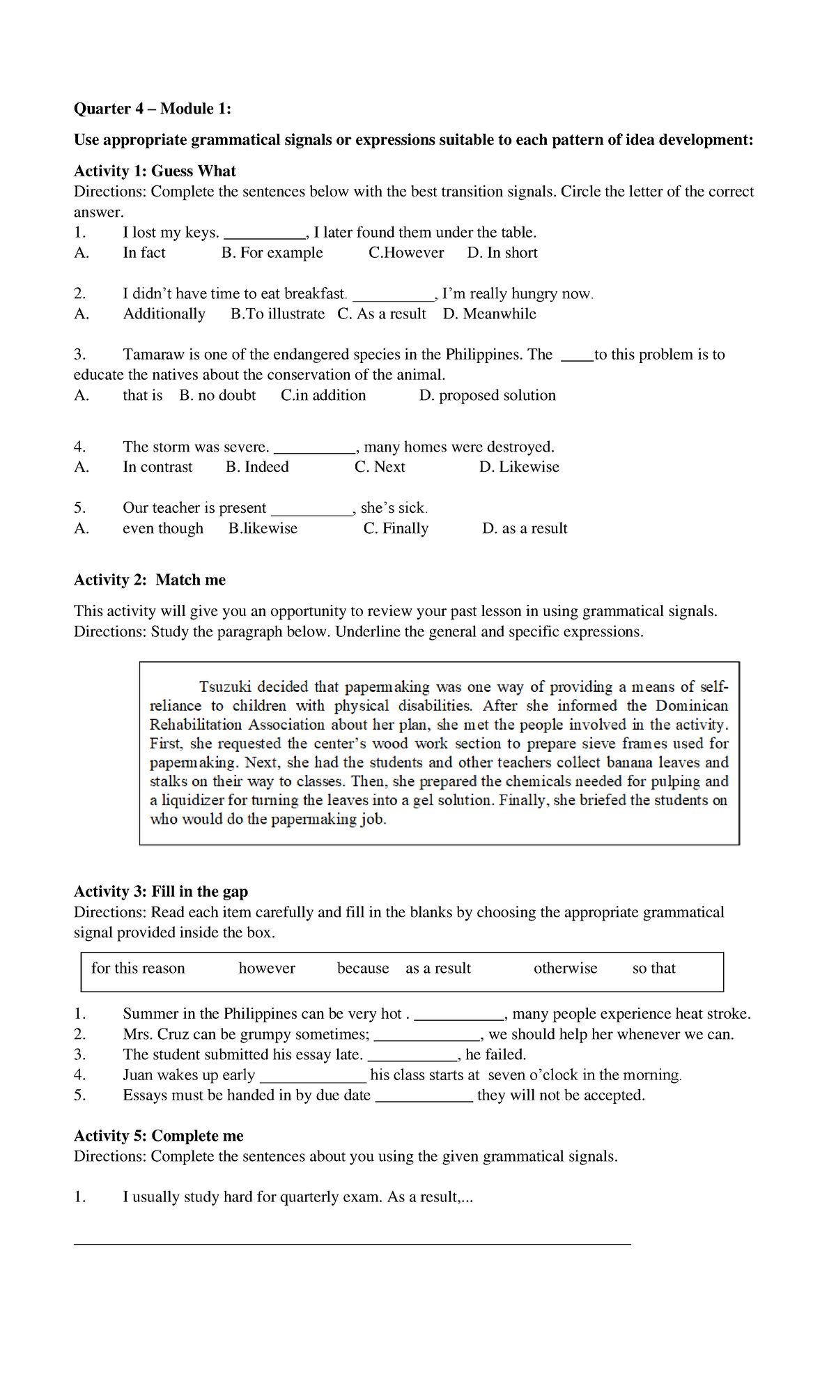 Quarter 4 - Module 1: Mastering Transition Signals in Writing - Studocu