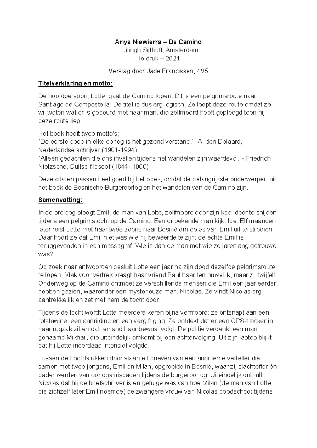 Leesverslag Boek 5 VWO 4: De Camino en de Zoektocht naar Waarheid ...