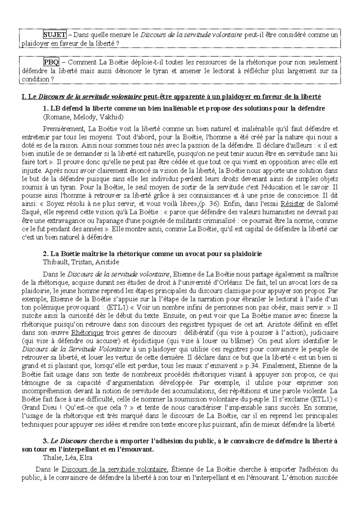 Dissertation 1 - 1B : La Liberté dans le Discours de la Servitude ...