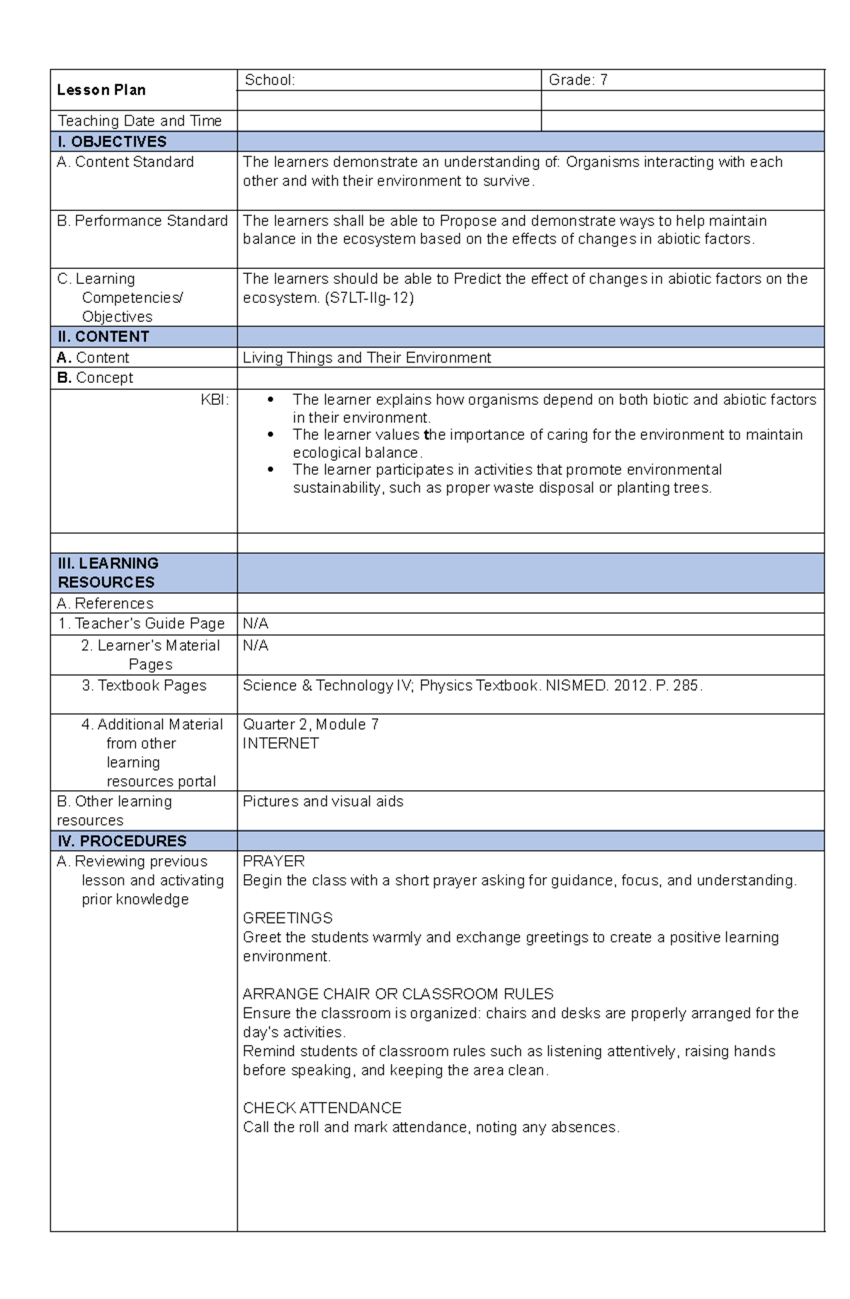 Revised Lesson Plan: Living Things and Their Environment - Science 7 ...