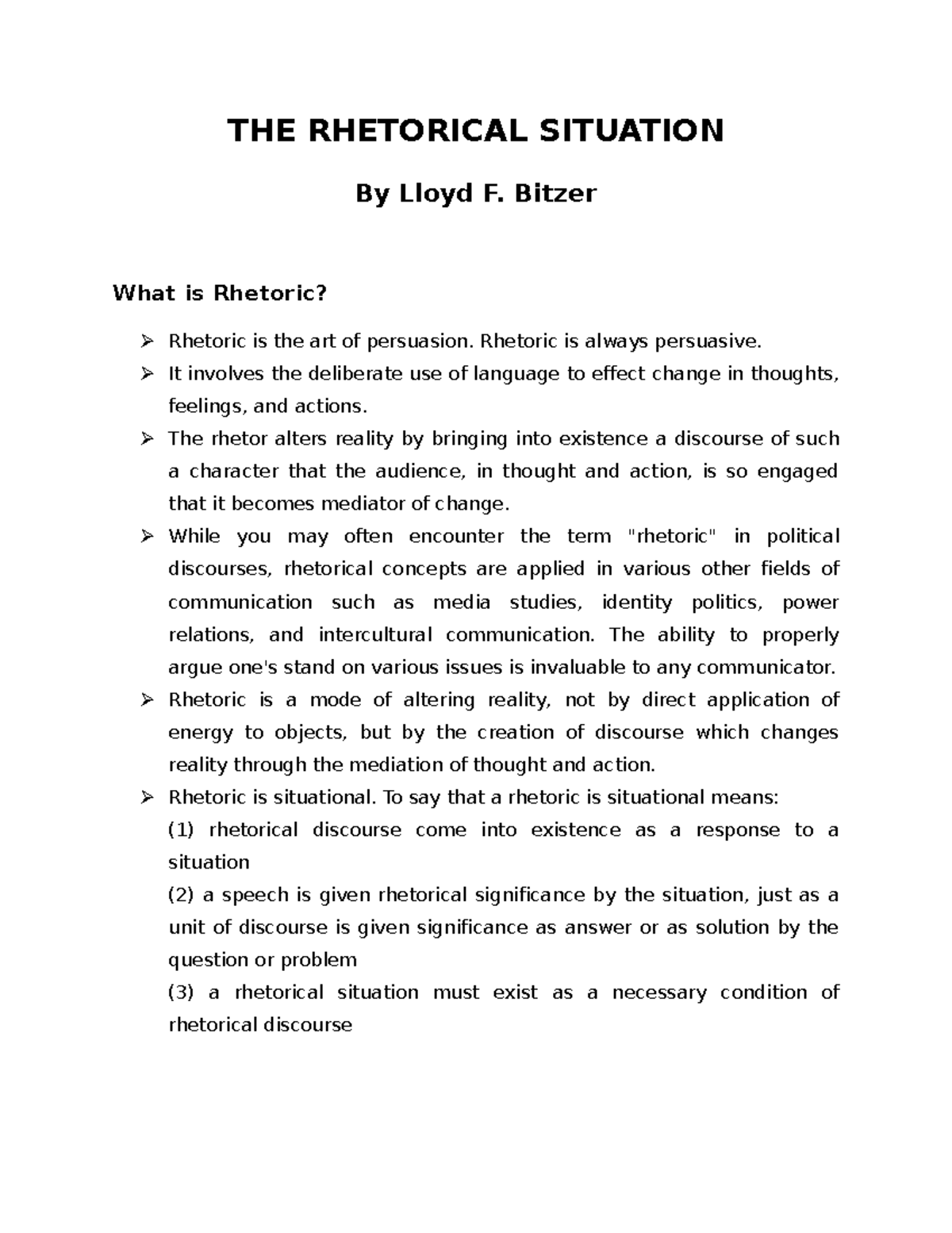 Rhetorical Situation Summary - THE RHETORICAL SITUATION By Lloyd F ...