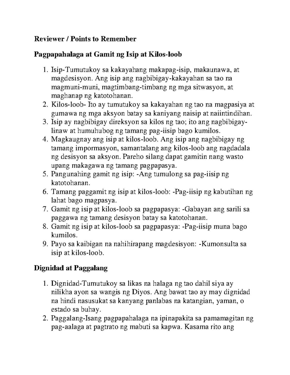 Reviewer for Grade 7 Matatag Values Education 7: Key Concepts and ...