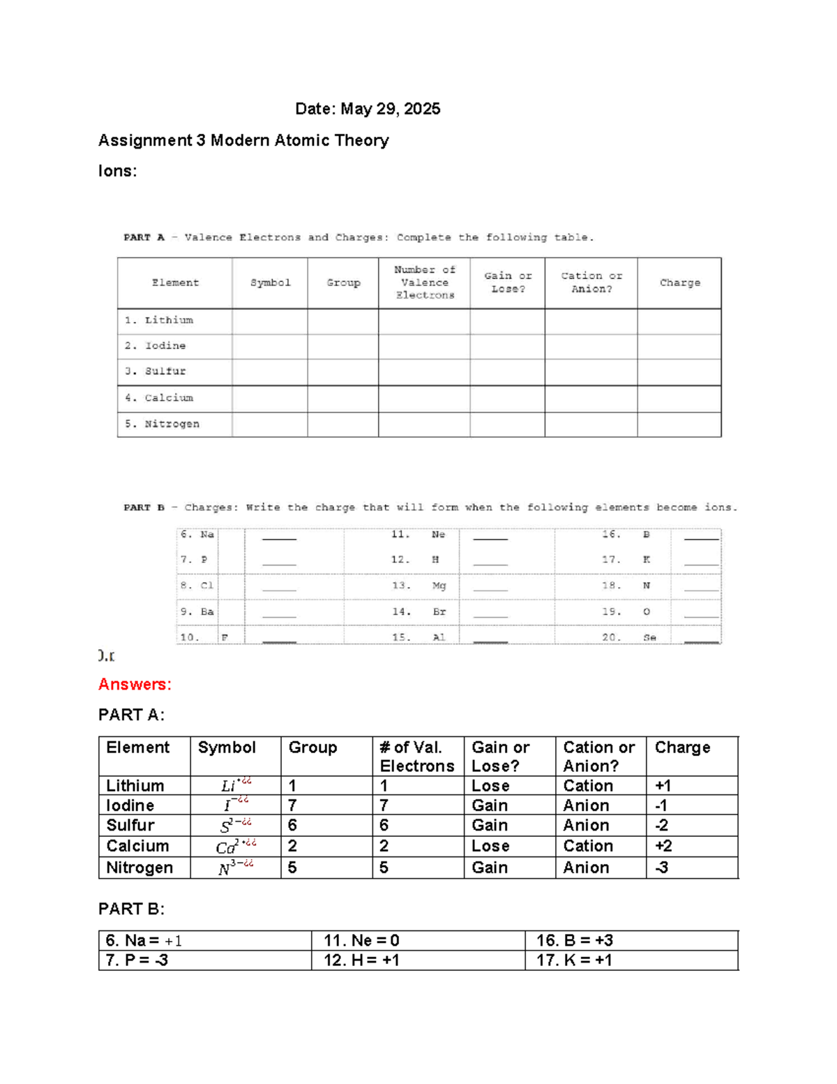 Assignment 3 - Modern Atomic Theory: Ion Formation & Configurations ...