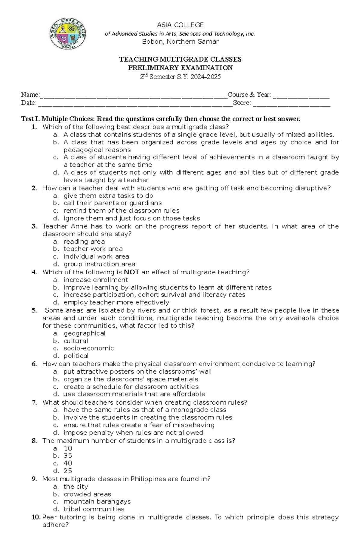 Prelim Exam: Teaching Multigrade Classes - Asia College S. 2024 - Studocu