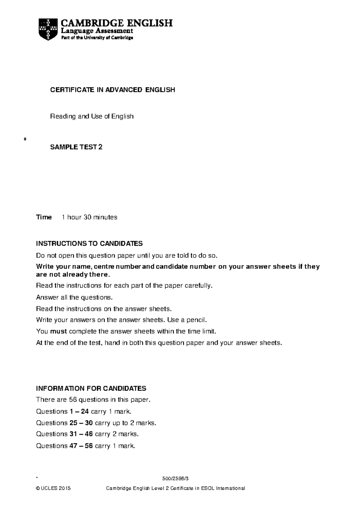 Cambridge Advanced English: Reading and Use of English Sample Test 2 ...