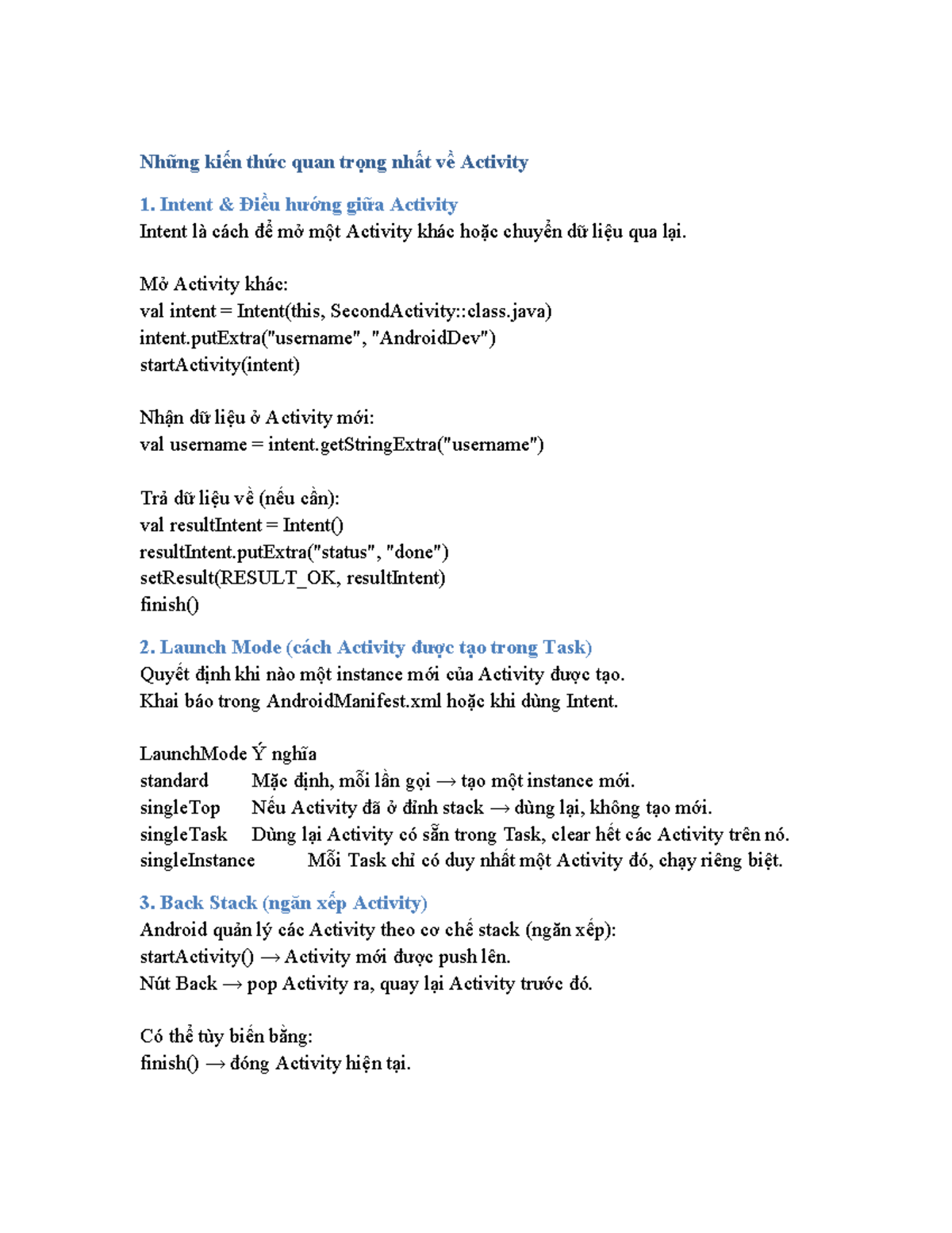 Tổng quan về Activity Android - Life Cycle và Intent - Studocu