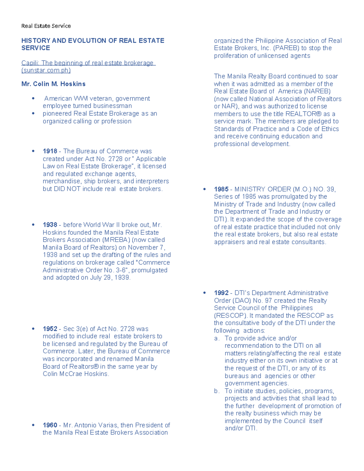 Real Estate Service History and Evolution - Lecture Notes - Studocu