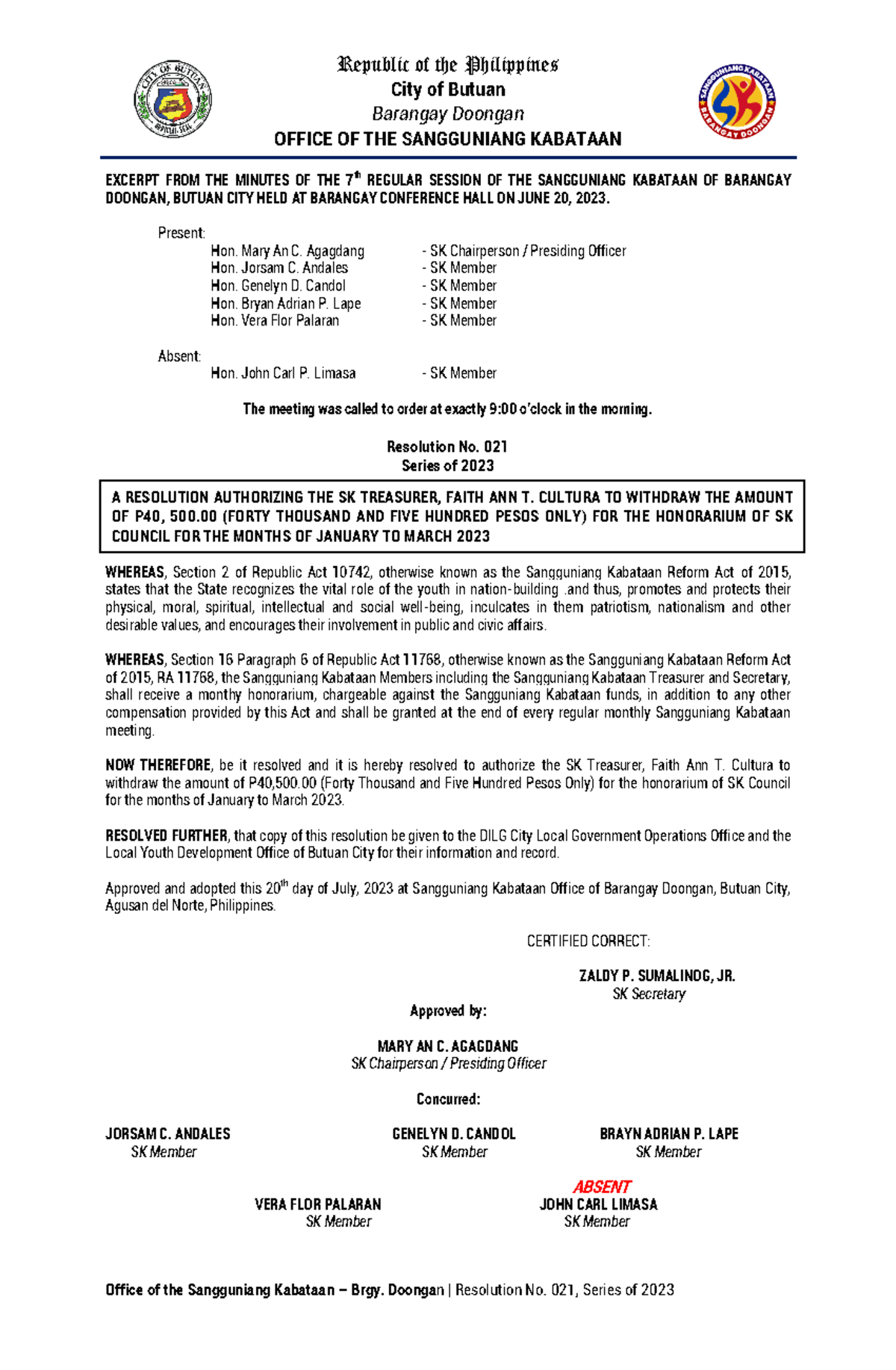 Resolution No. 021: Authorization of SK Honorarium (Jan-Mar 2023) - Studocu