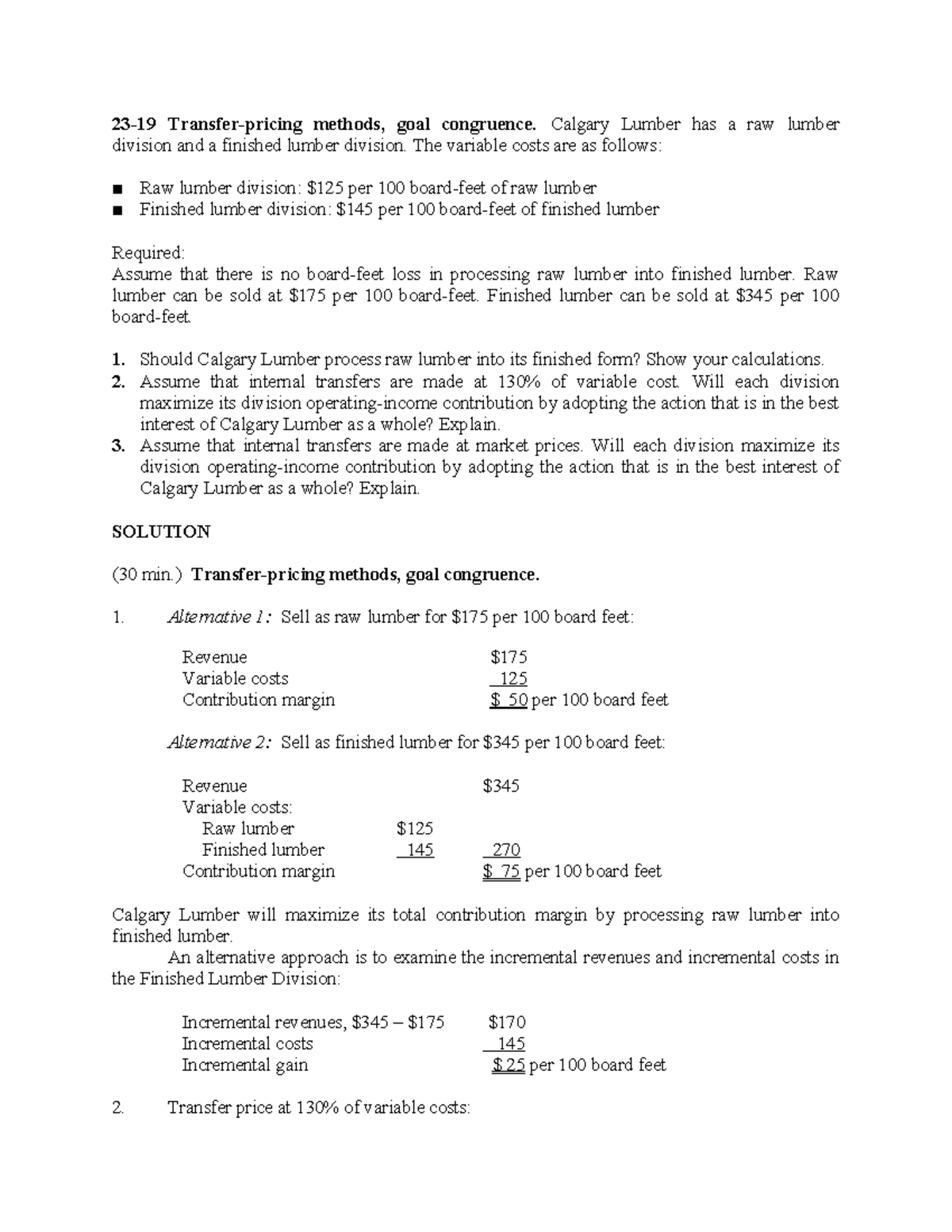 Ch. 23 Transfer Pricing Methods & Goal Congruence Problems and Solutions - Studocu