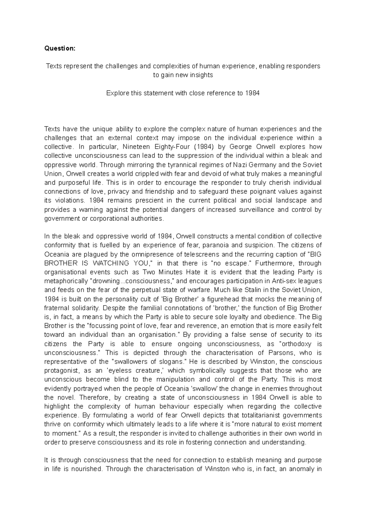 HSC Task 1 - English Adv 1984 Essay: Examining Human Experience - Studocu