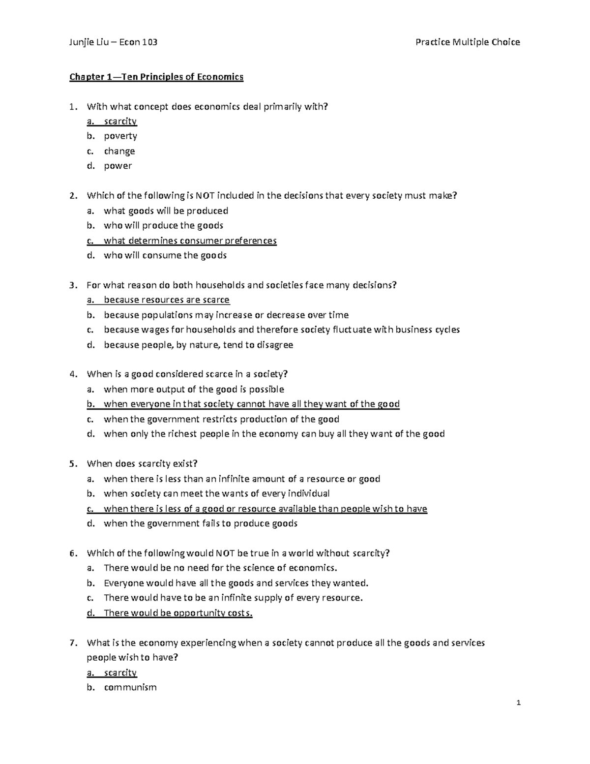 Practice MCQ - Economics Fundamentals (Chapter 1) - Studocu