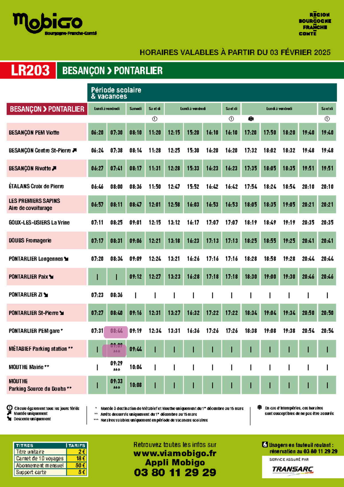 Horaires de bus à partir du 03 février 2025 LR203 Besançon Pontarlier ...