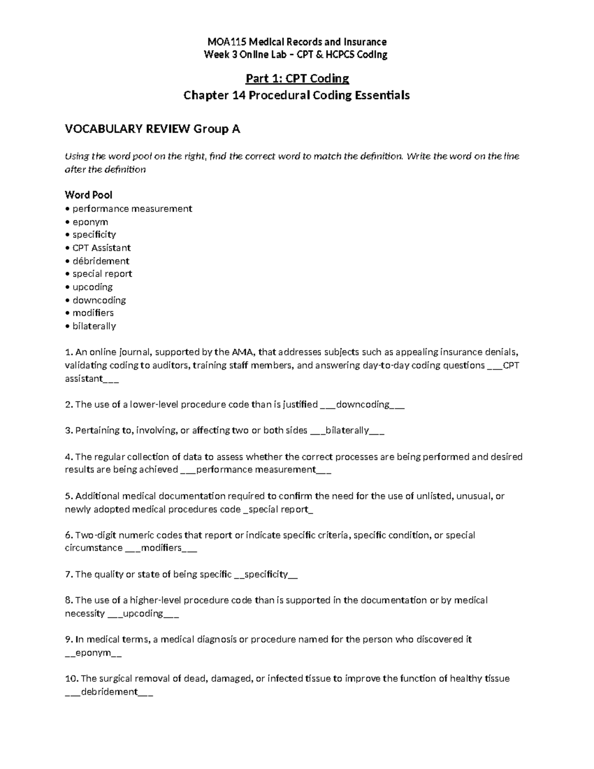 MOA115 Week 3 Lab 1: CPT & HCPCS Coding Essentials - Studocu
