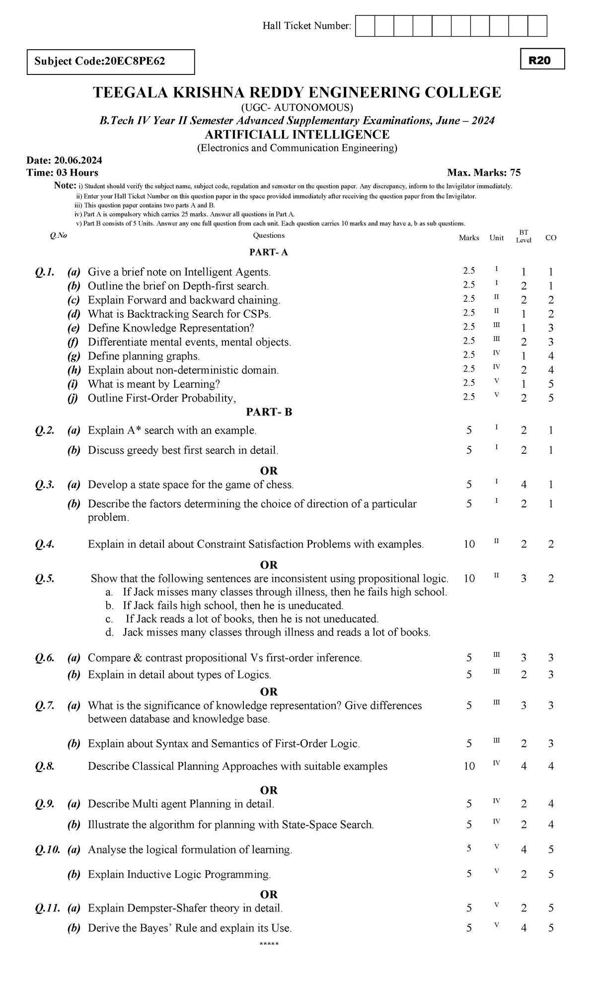AI (20EC8PE62) B.Tech IV Year II Sem Advanced Supp Exam June 2024 - Studocu