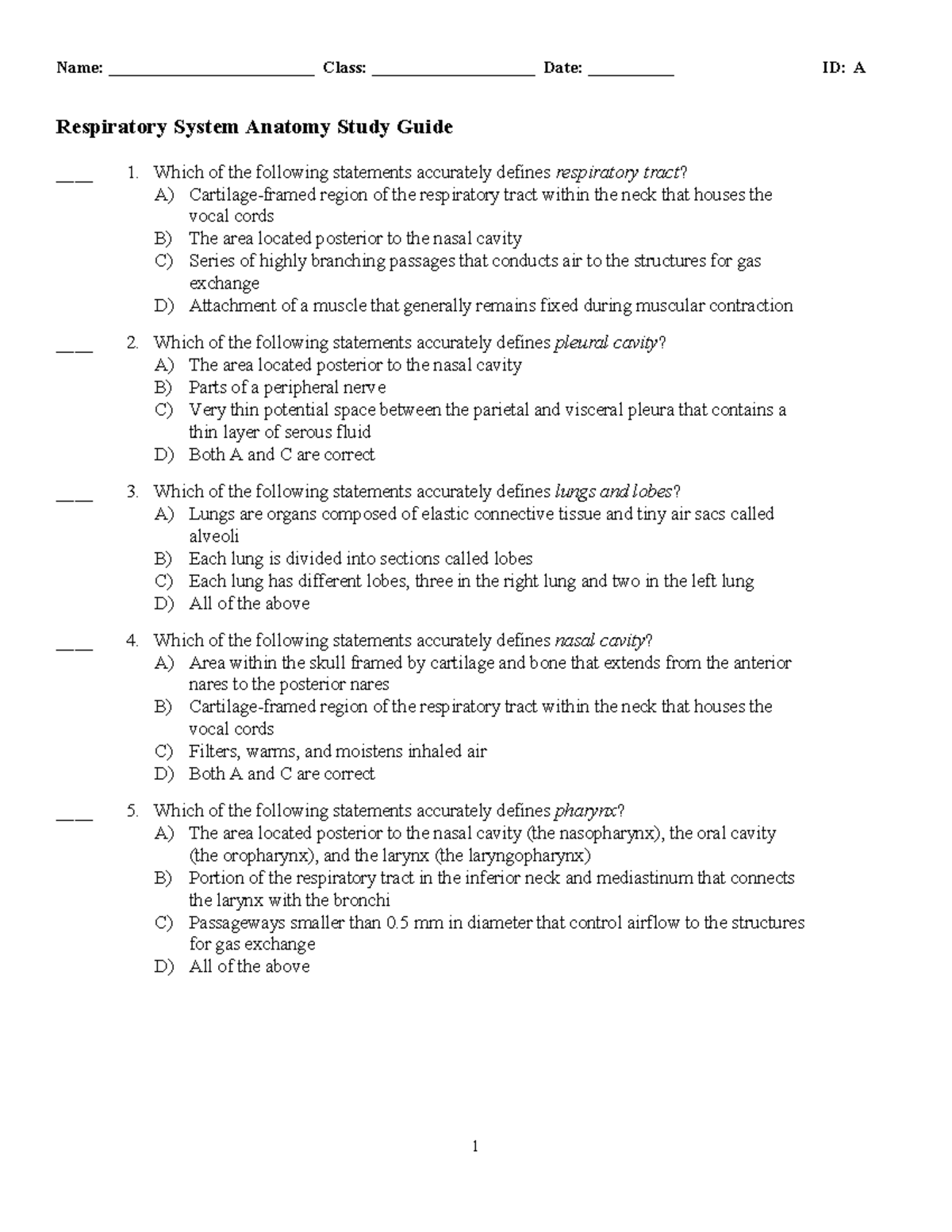 Respiratory System Anatomy Study Guide (Course Code: BIO101) - Studocu