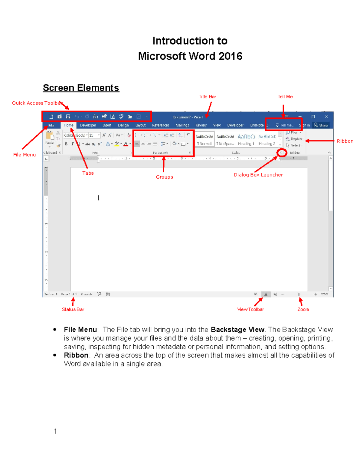 Introduction to MS Word 2016: Screen Elements & Features Guide - Studocu