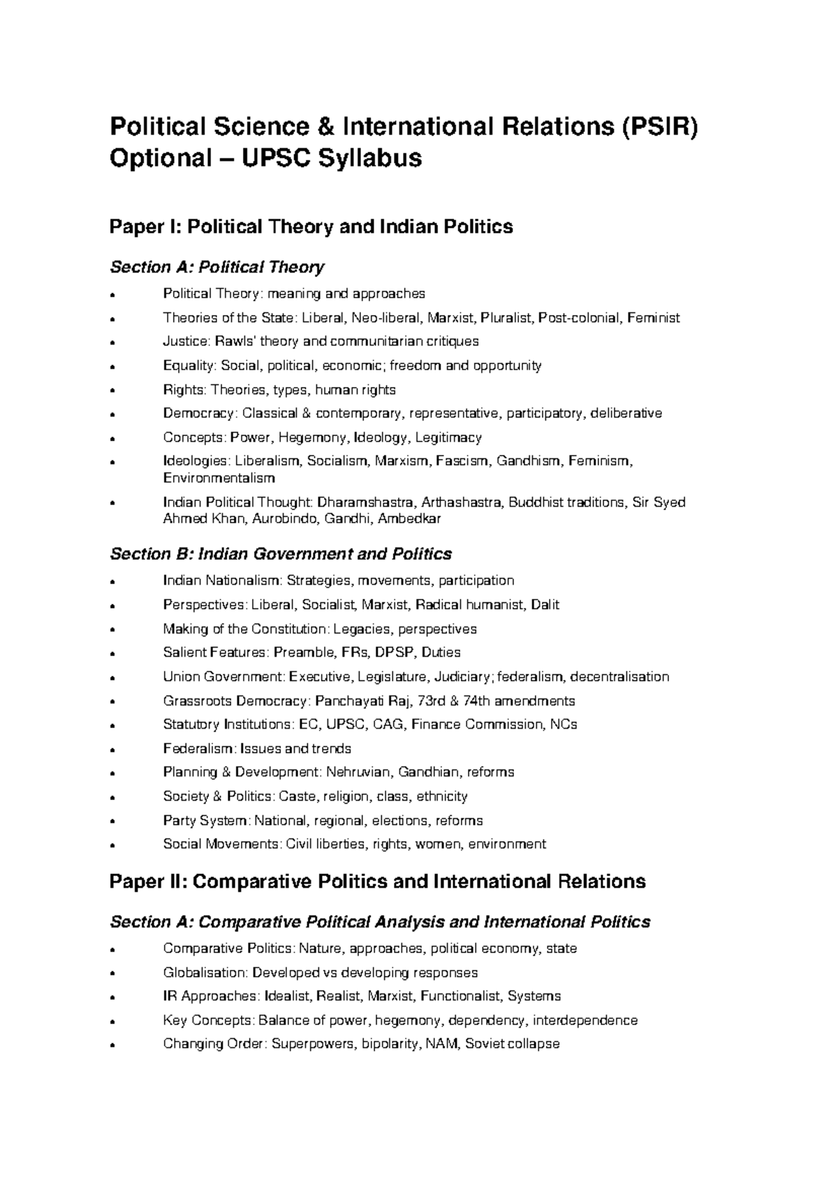 PSIR Optional UPSC Syllabus: Political Theory & Indian Politics ...