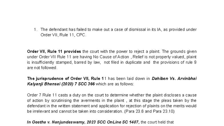 Order 7 Rule 11: Dismissal Case Analysis - Study Notes - Studocu