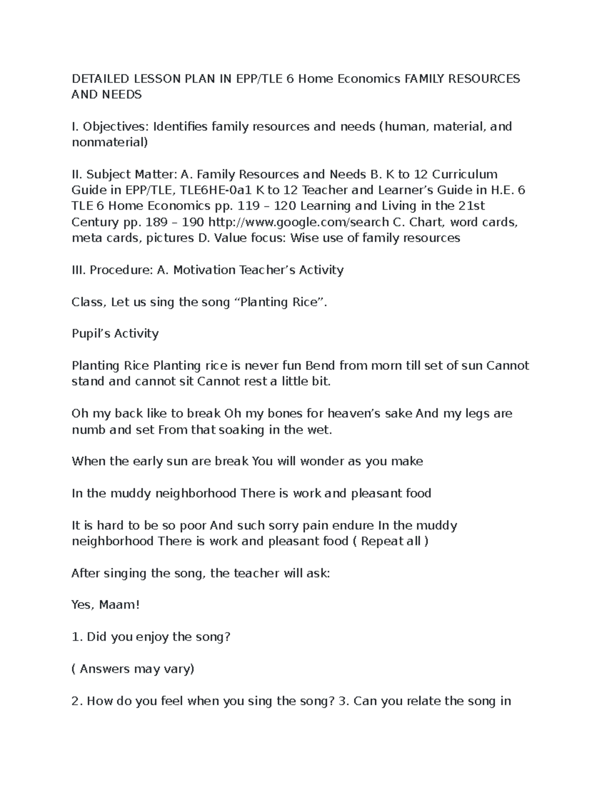 Detailed Lesson Plan in EPP/TLE 6: Family Resources & Home Economics ...