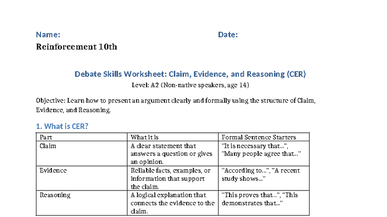 CER Worksheet A2 Students: Claim, Evidence, and Reasoning Skills - Studocu