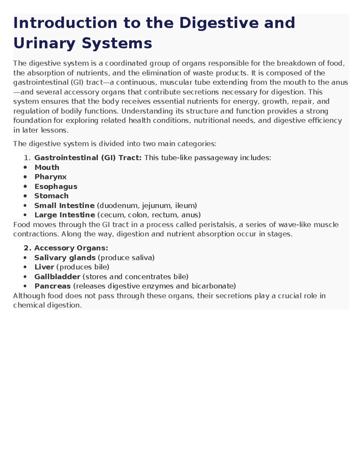 Lesson 3: Anatomy & Physiology of the Digestive & Urinary Systems - Studocu