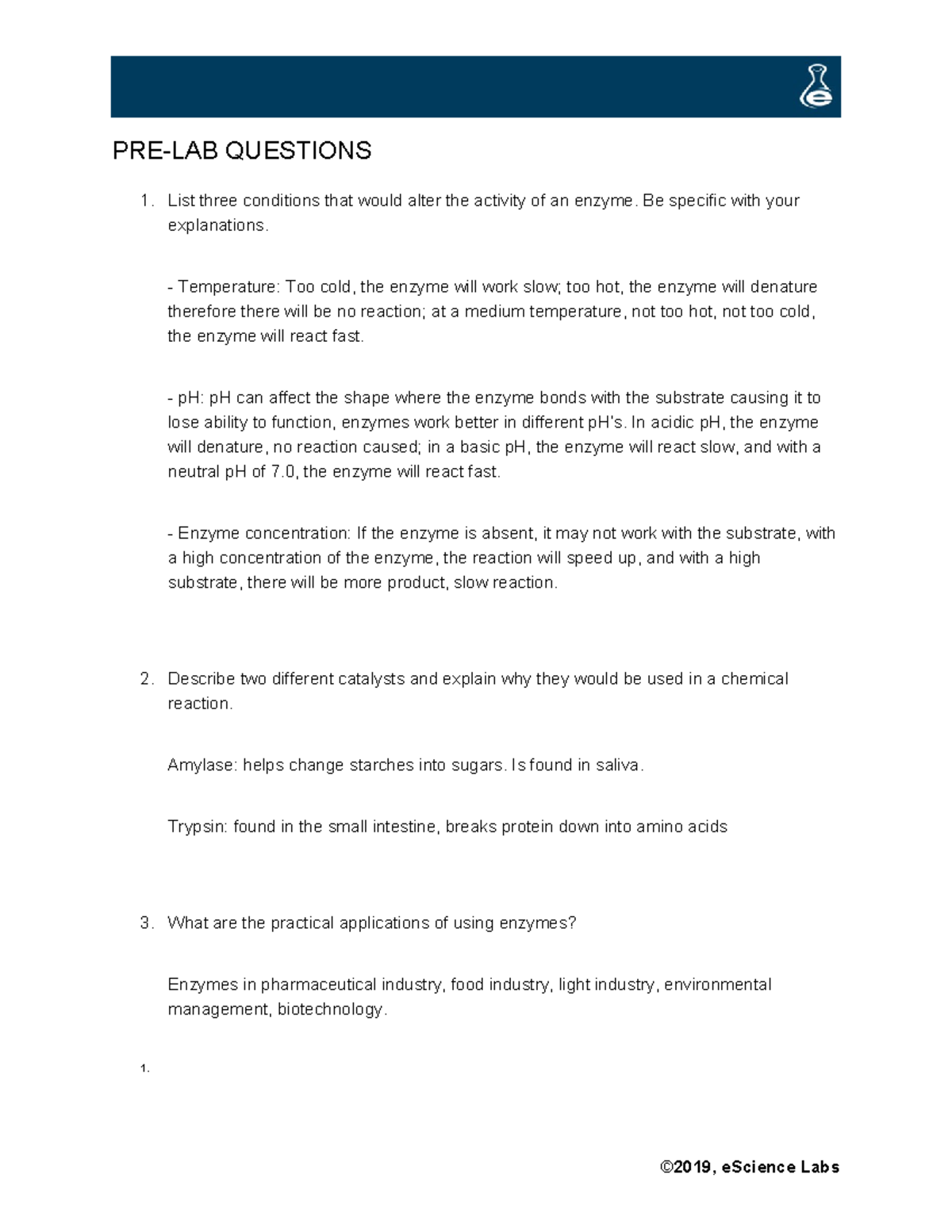 Enzymes - PRE-LAB QUESTIONS - PRE-LAB QUESTIONS 1. List three ...