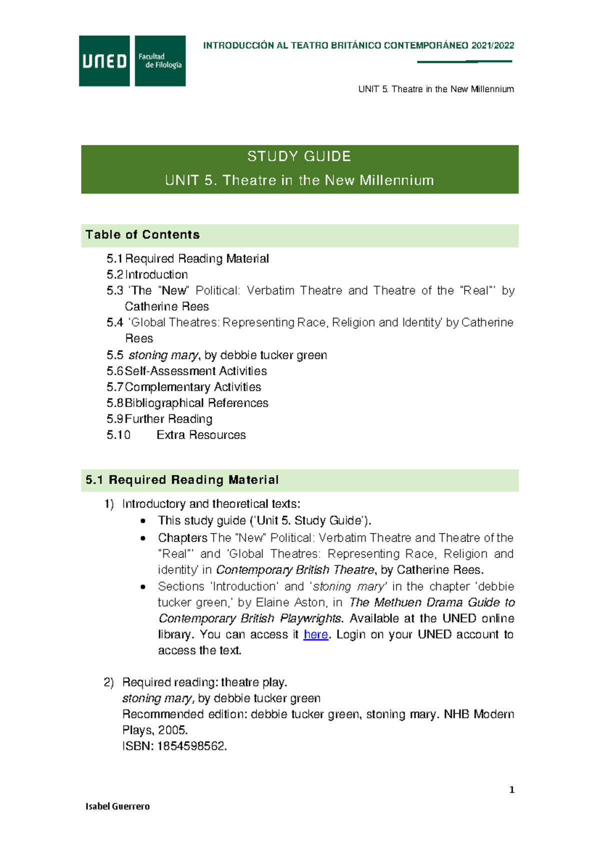 UNIT 5 Study Guide - UNIT 5. Theatre in the New Millennium 1 STUDY ...