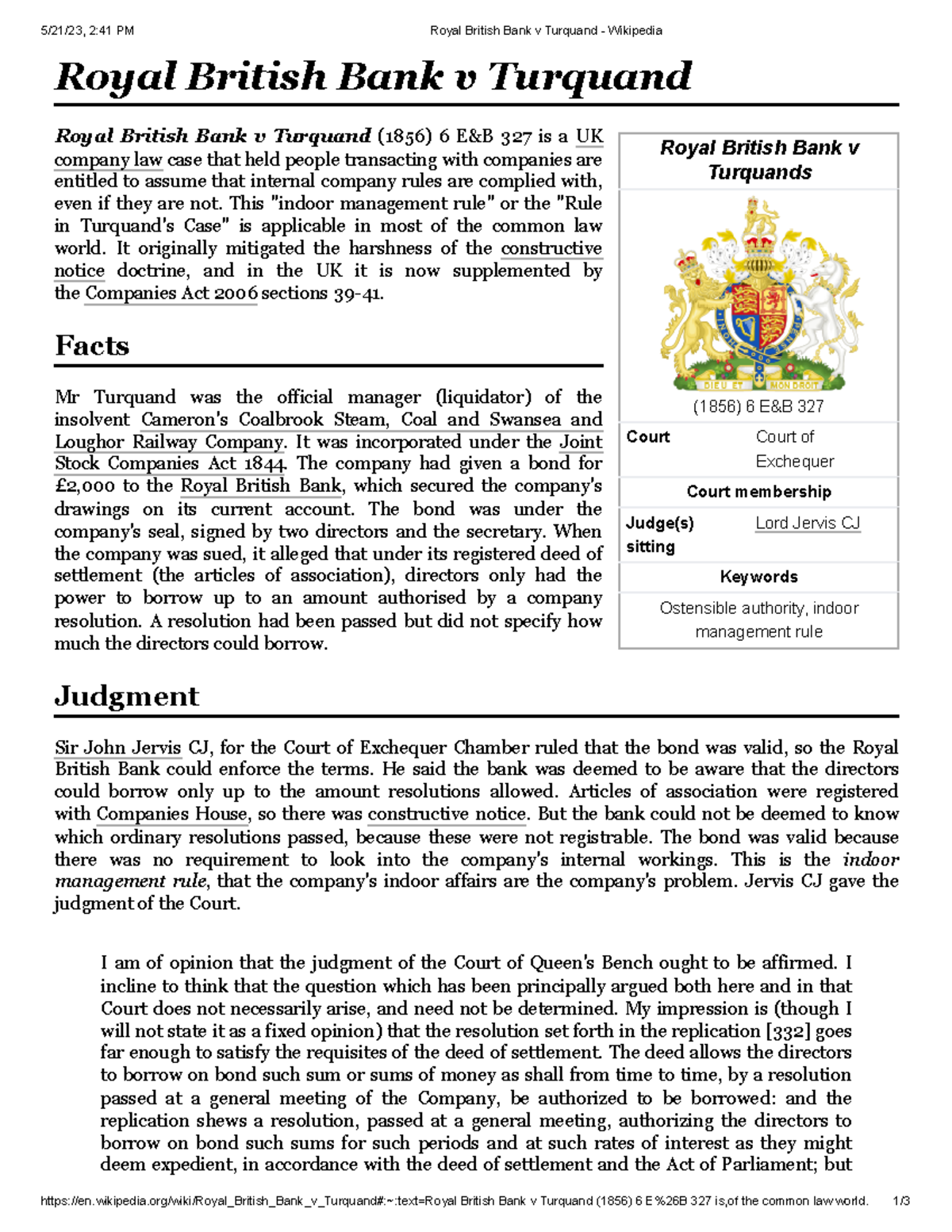 Royal British Bank v Turquand (1856) - Case Analysis and Implications ...
