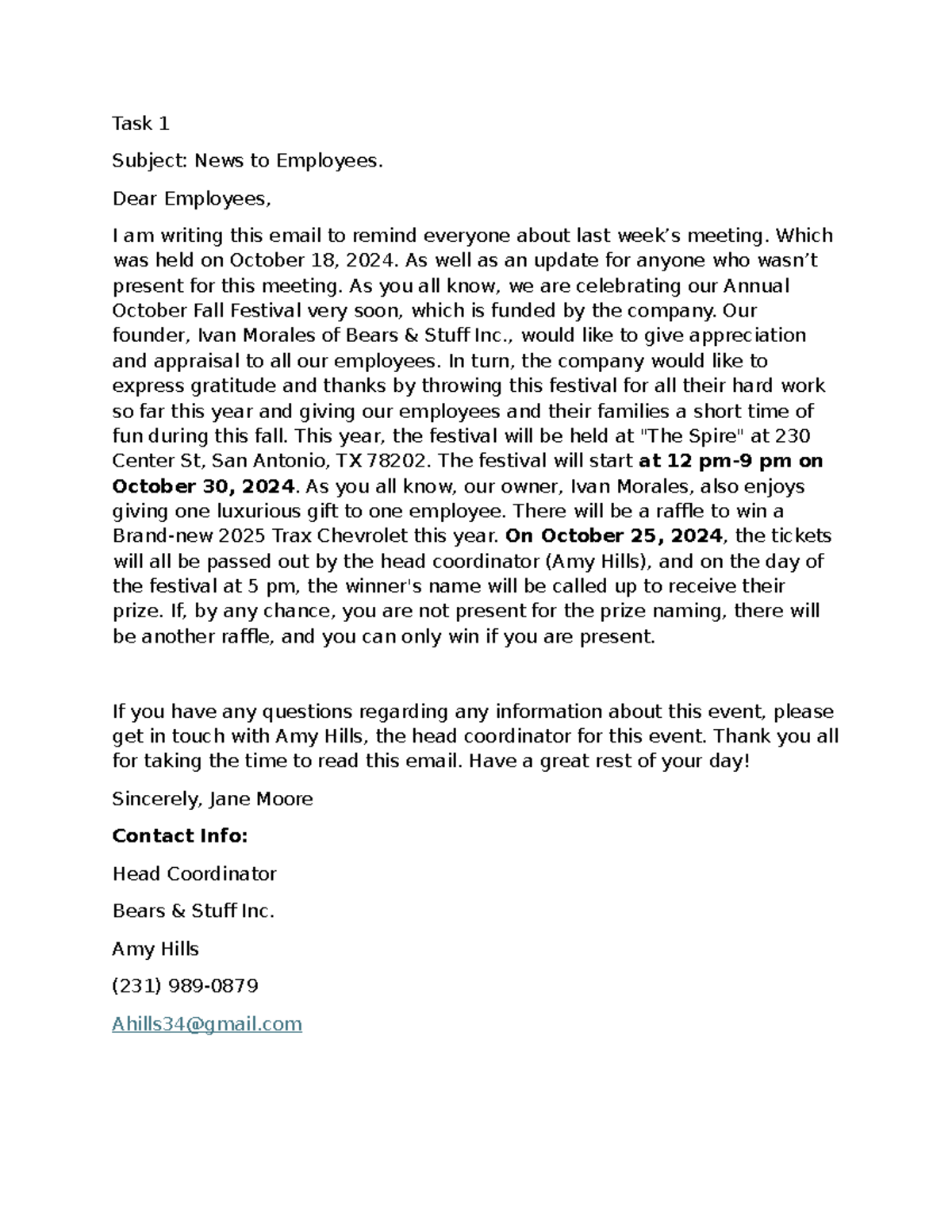 Task 1 Writing a Professional Email - Task 1 Subject: News to Employees ...