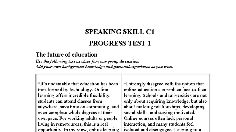 SPEAKING SKILL C1 PROGRESS TEST 1: The Future of Education Discussion ...
