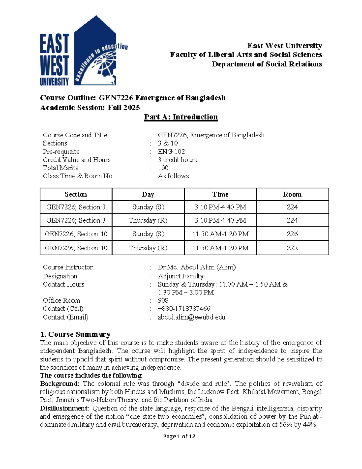 GEN7226 Course Outline: Emergence of Bangladesh - Fall 2025 - Studocu