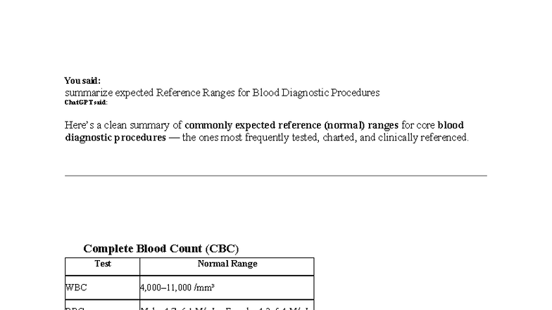 Lab Values Reference Ranges for Med Surg (MED 101) - Studocu